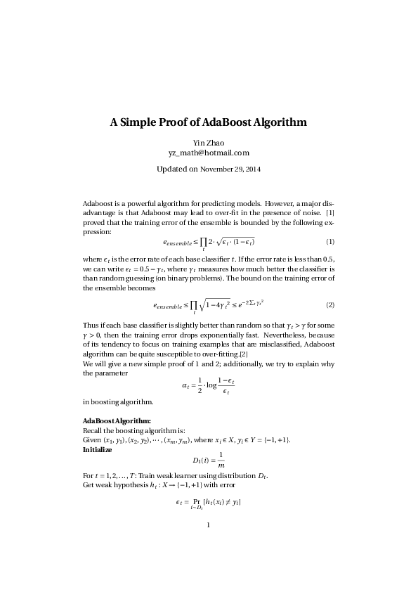 A Simple Proof of AdaBoost Algorithm