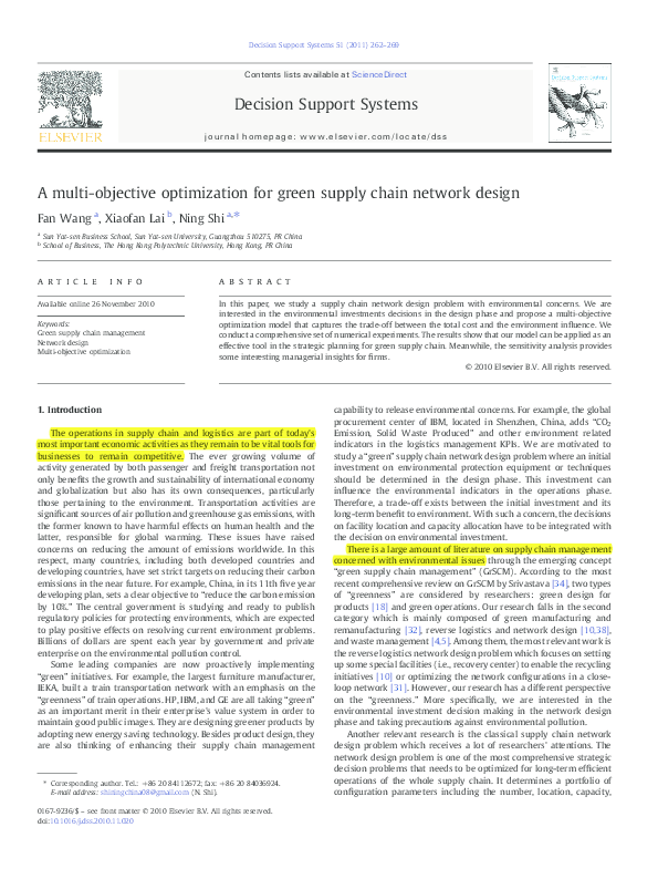 Pdf A Multi Objective Optimization For Green Supply Chain Network Design