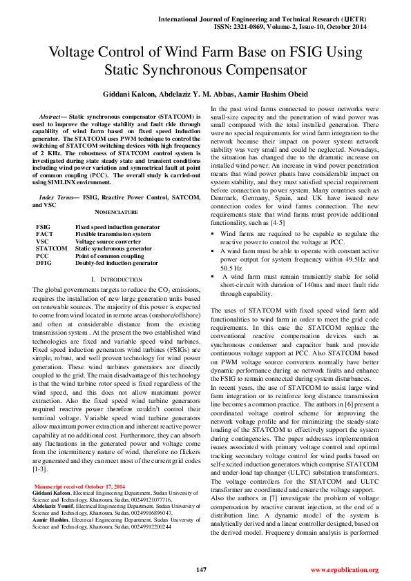 (PDF) Voltage Control of Wind Farm Base on FSIG Using Static Synchronous Compensator