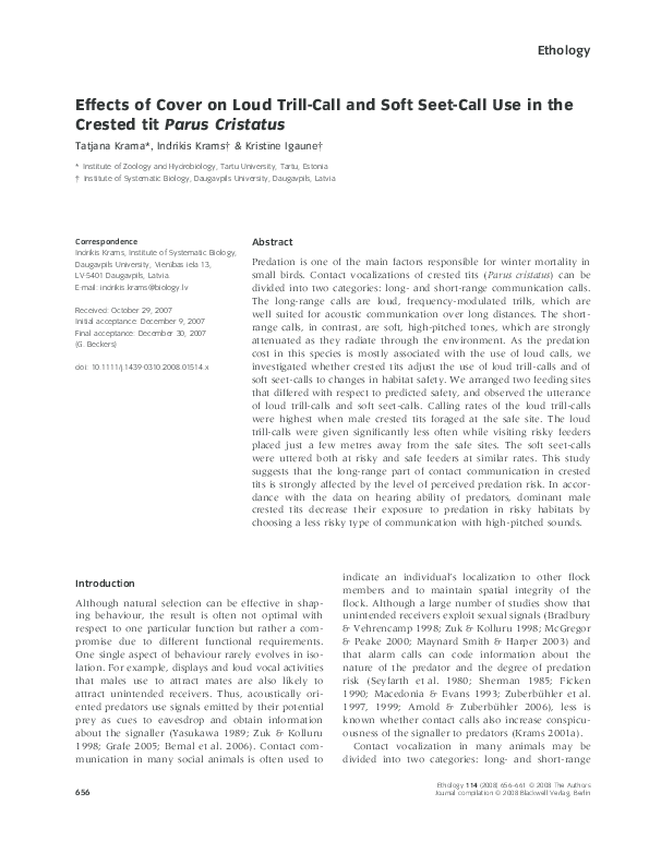 (PDF) Effects of Cover on Loud Trill-Call and Soft Seet-Call Use in the ...