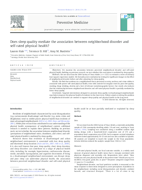 (PDF) Does sleep quality mediate the association between neighborhood ...