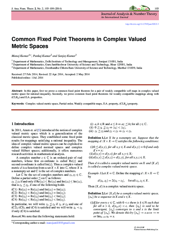 Pdf Common Fixed Point Theorems In Complex Valued Metric Spaces Manoj Kumar