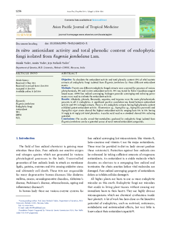 (PDF) In vitro antioxidant activity and total phenolic content of endophytic fungi isolated from ...