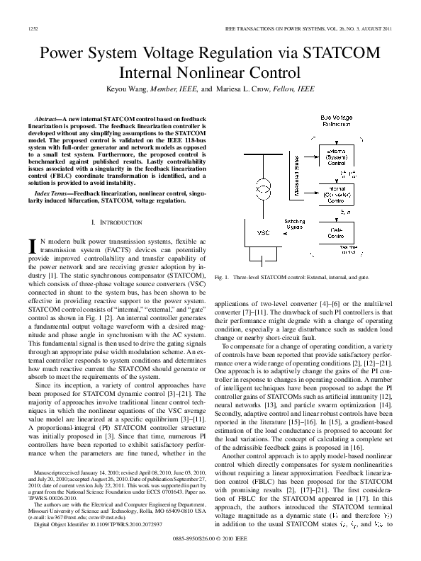 Pdf Power System Voltage Regulation Via Statcom Internal Nonlinear Control