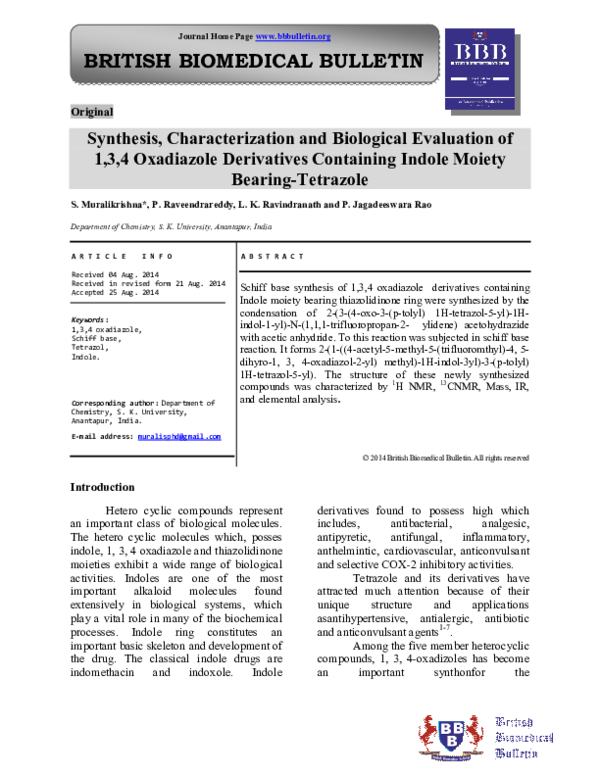 (PDF) Synthesis, Characterization and Biological Evaluation of 1,3,4 ...