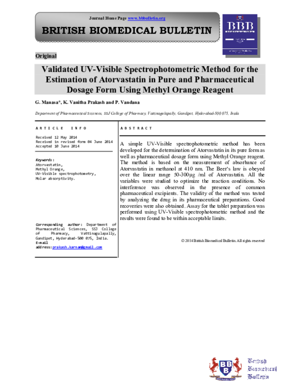 Pdf Validated Uv Visible Spectrophotometric Method For The Estimation Of Atorvastatin In Pure