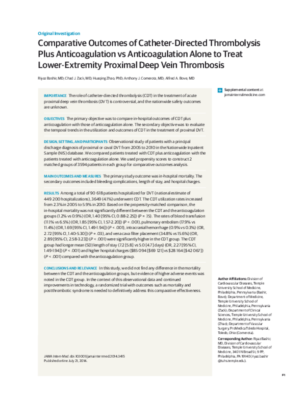 (PDF) Comparative Outcomes of Catheter-Directed Thrombolysis Plus Anticoagulation vs ...