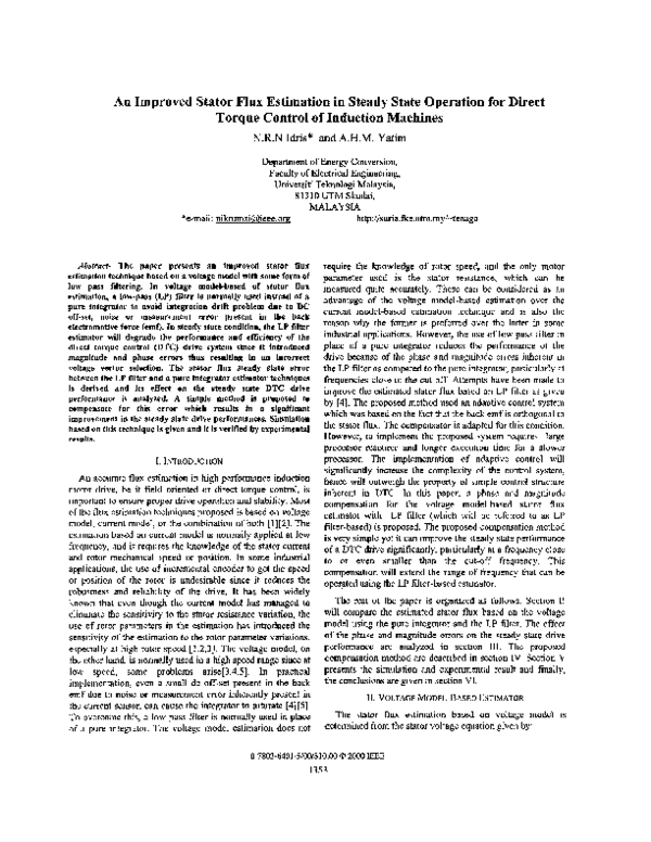 Pdf An Improved Stator Flux Estimation In Steady State Operation For Direct Torque Control Of