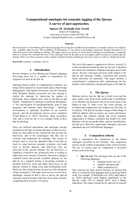 Pdf Computational Ontologies For Semantic Tagging Of The Qurana Survey Of Past Approaches