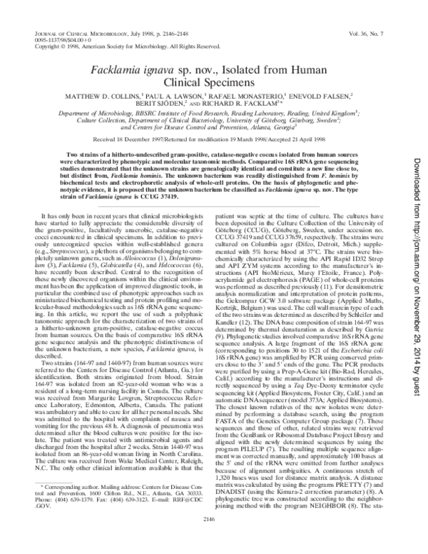 (PDF) Facklamia ignava sp. nov., Isolated from Human Clinical Specimens ...