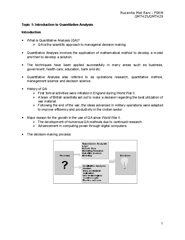 Doc Topic 1 Introduction To Quantitative Analysis Introduction