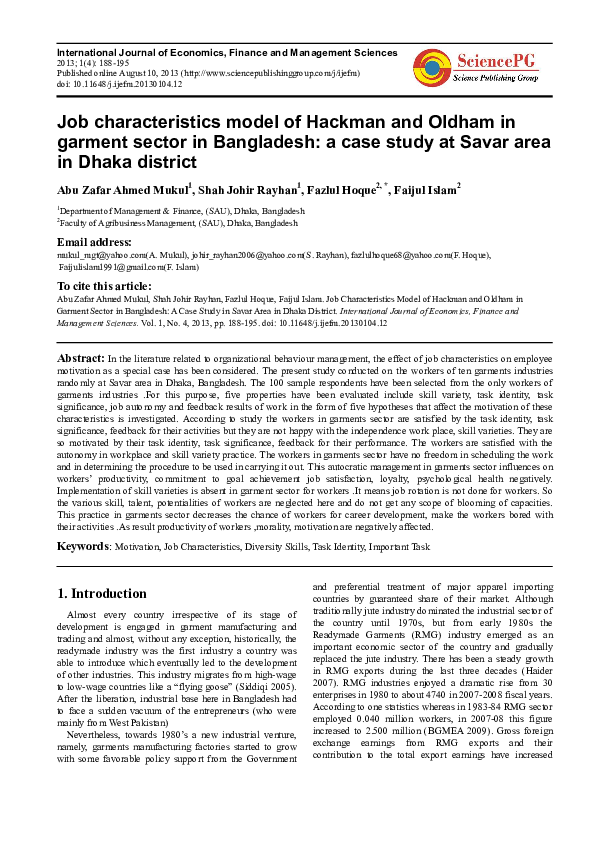 (PDF) Job characteristics model of Hackman and Oldham in garment sector ...