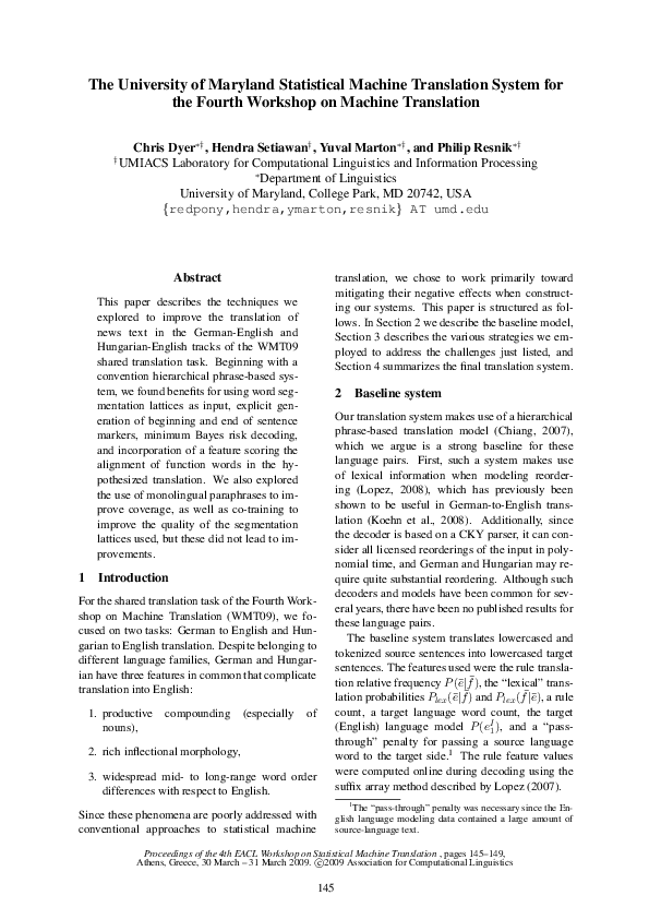 (PDF) The University of Maryland Statistical Machine Translation System for the Fourth Workshop ...