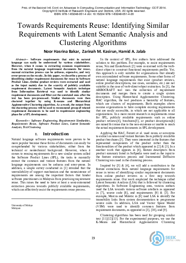 (PDF) TOWARDS REQUIREMENTS REUSE: IDENTIFYING SIMILAR REQUIREMENTS WITH LATENT SEMANTIC ANALYSIS ...