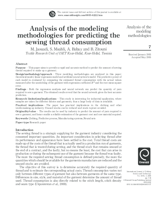 Pdf Analysis Of The Modeling Methodologies For Predicting The Sewing Thread Consumption Slah