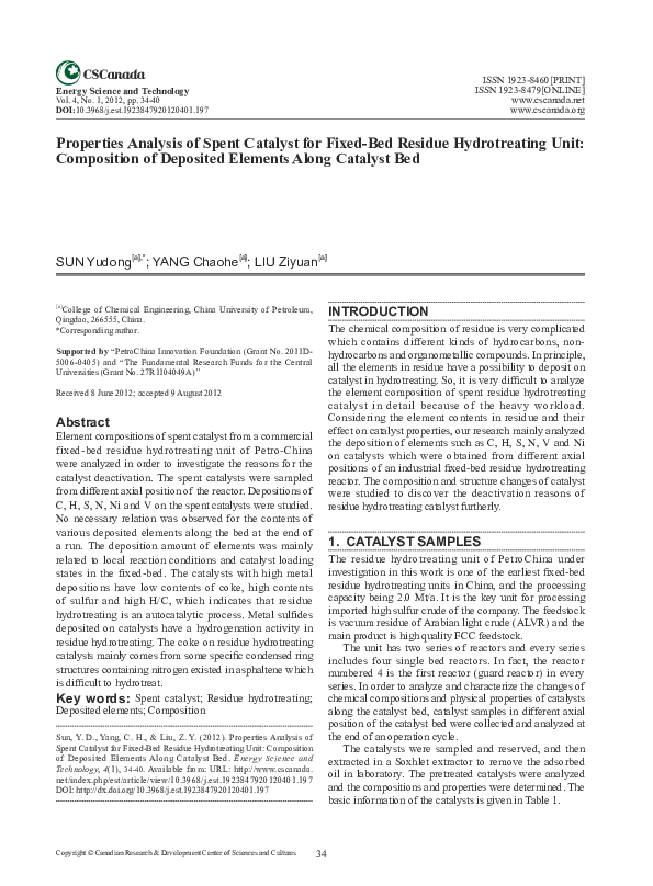 (PDF) Properties Analysis of Spent Catalyst for Fixed-Bed Residue ...