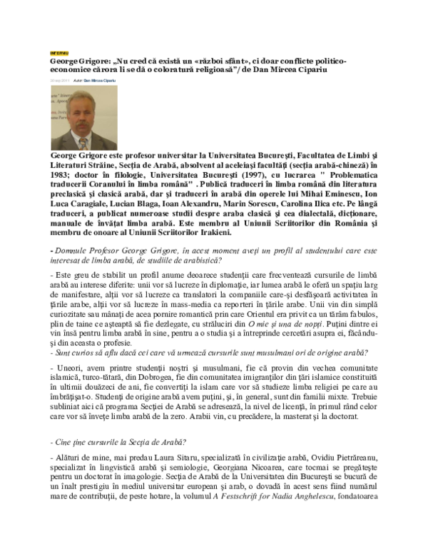 (DOC) George Grigore: „Nu cred că există un «război sfânt», ci doar ...