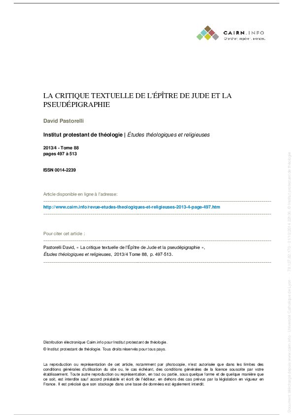 (PDF) « La critique textuelle de l’épître de Jude et la pseudépigraphie ...