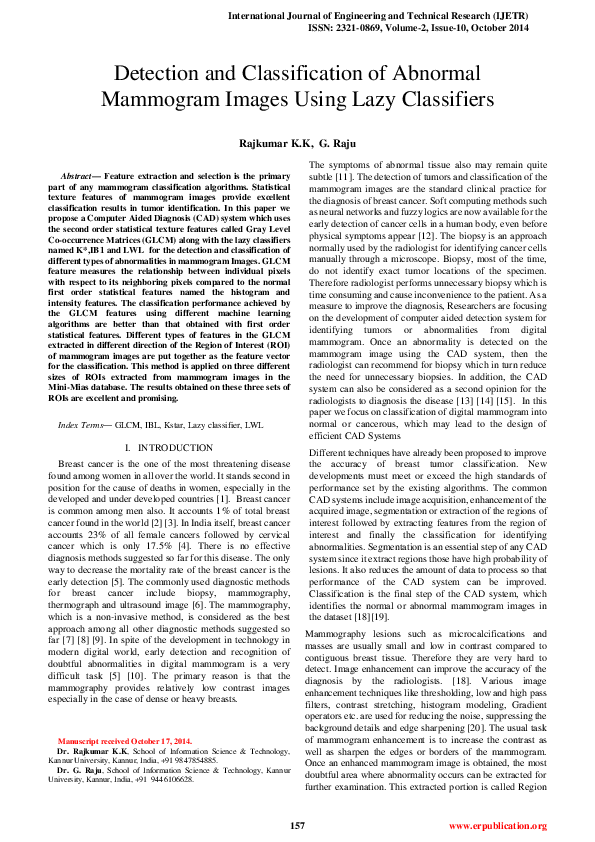 Pdf Detection And Classification Of Abnormal Mammogram Images Using Lazy Classifiers