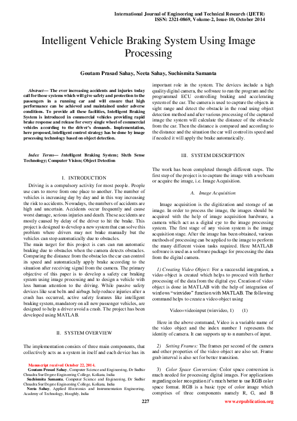 (PDF) Intelligent Vehicle Braking System Using Image Processing