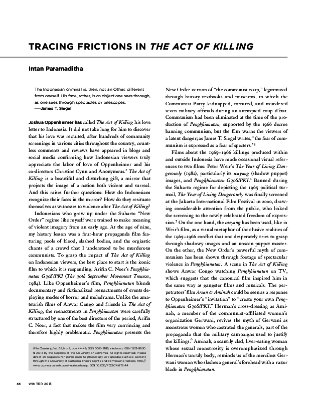 (PDF) Tracing Frictions in The Act of Killing