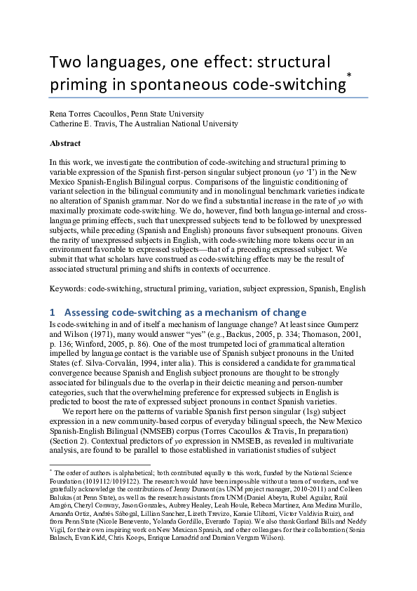 (PDF) Two languages, one effect: structural priming in spontaneous code-switching