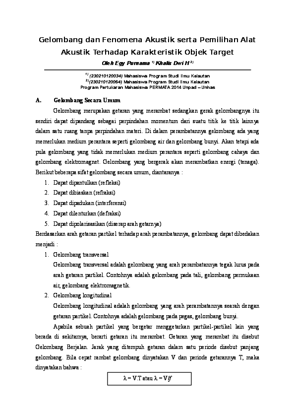 (DOC) Gelombang dan Fenomena Akustik serta Pemilihan Alat Akustik Terhadap Karakteristik Objek ...