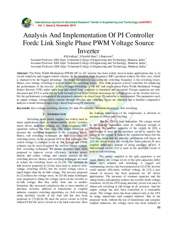 (PDF) Analysis And Implementation Of PI Controller Fordc Link Single Phase PWM Voltage Source ...