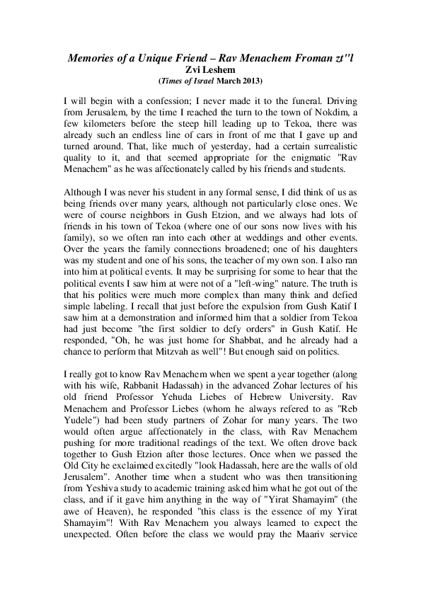 (PDF) Memories of a Unique Friend: Rabbi Menachem Froman