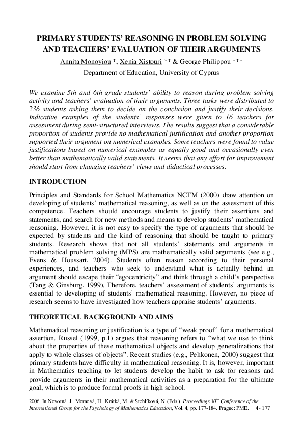 (PDF) PRIMARY STUDENTS' REASONING IN PROBLEM SOLVING AND TEACHERS ...