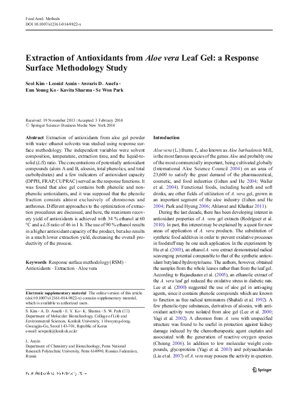 (PDF) Extraction of Antioxidants from Aloe vera Leaf Gel: a Response ...