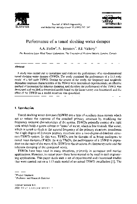(PDF) Performance of a tuned sloshing water damper