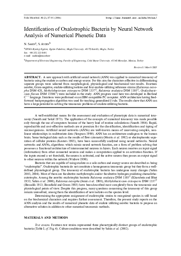 (PDF) Identification of Oxalotrophic Bacteria by Neural Network Analysis of Numerical Phenetic Data