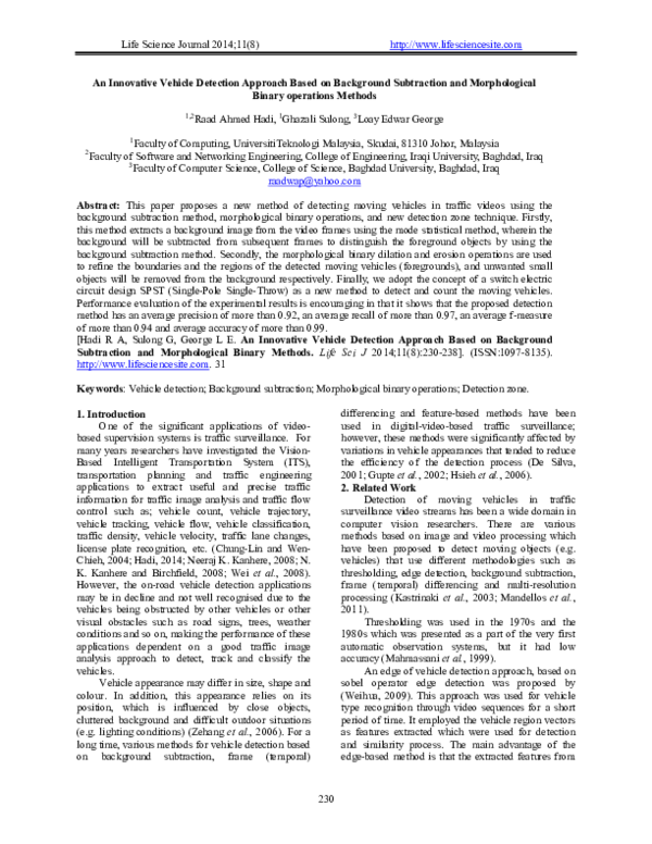 Pdf An Innovative Vehicle Detection Approach Based On Background