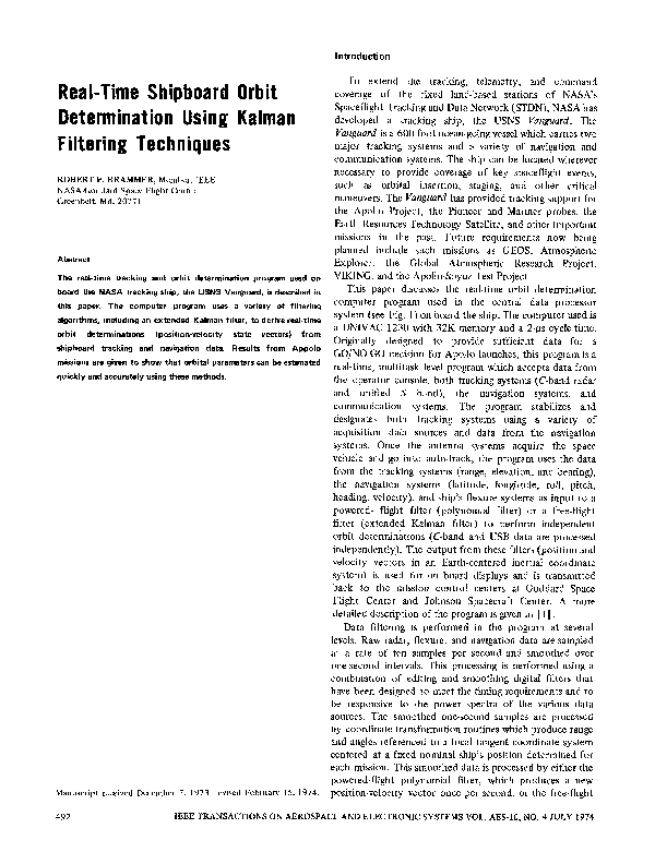 Pdf Real Time Shipboard Orbit Determination Using Kalman Filtering