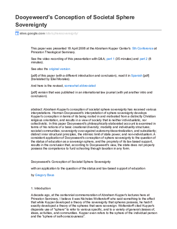 (PDF) Dooyeweerd's Conception of Societal Sphere Sovereignty