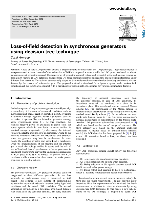 (PDF) Loss-of-field detection in synchronous generators using decision tree technique