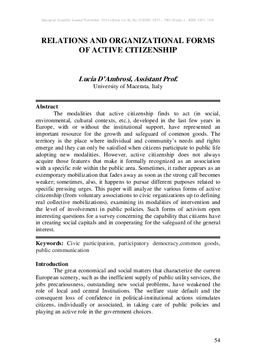 (PDF) RELATIONS AND ORGANIZATIONAL FORMS OF ACTIVE CITIZENSHIP