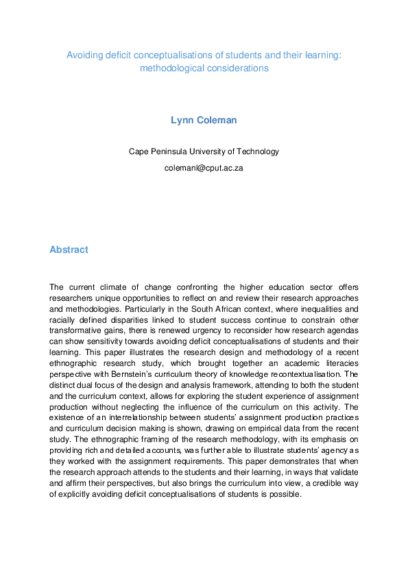 (PDF) Avoiding deficit conceptualisations of students and their ...