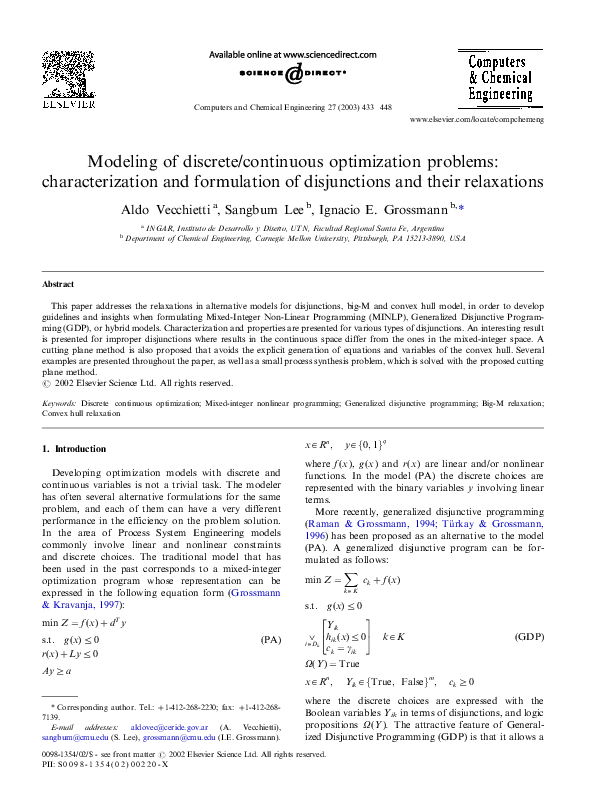 (PDF) Modeling of discrete/continuous optimization problems: characterization and formulation of ...