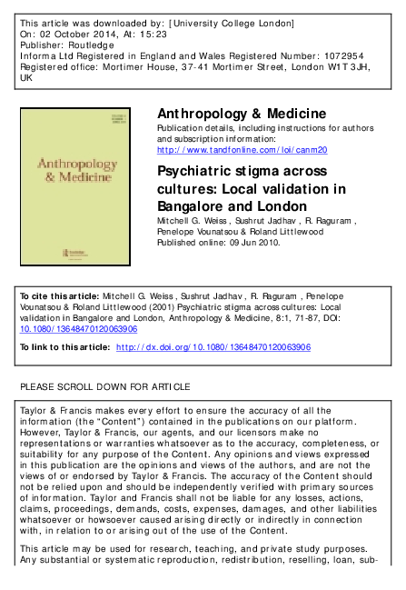 (PDF) Psychiatric stigma across cultures: Local validation in Bangalore ...