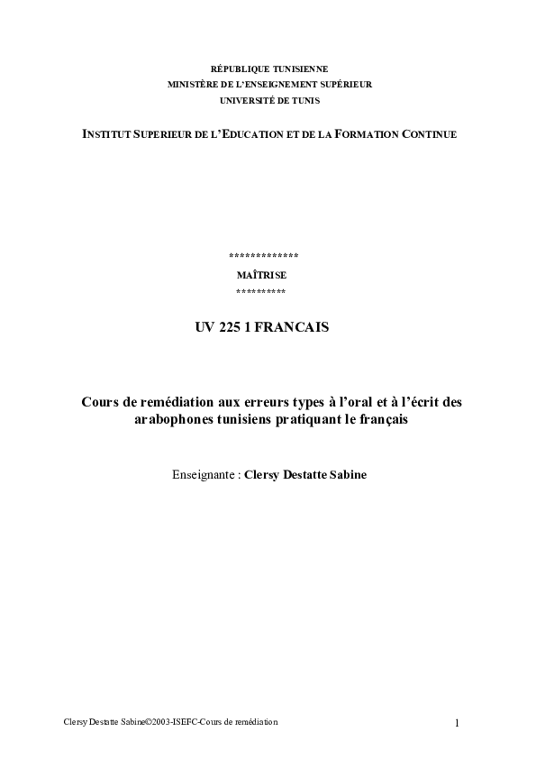 (PDF) Clersy Destatte Sabine©2003-ISEFC-Cours de remédiation 1 RÉPUBLIQUE TUNISIENNE MINISTÈRE ...