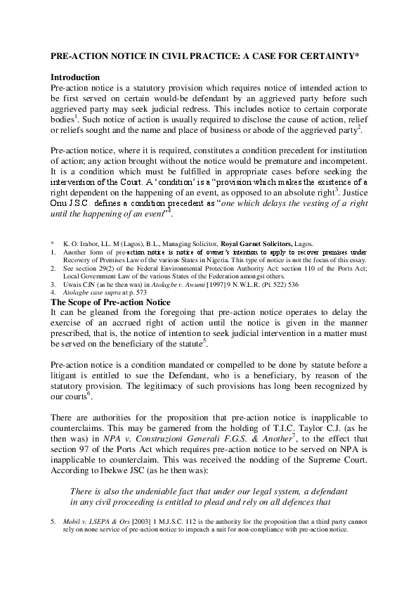 (DOC) PRE-ACTION NOTICE IN CIVIL PRACTICE: A CASE FOR CERTAINTY ...
