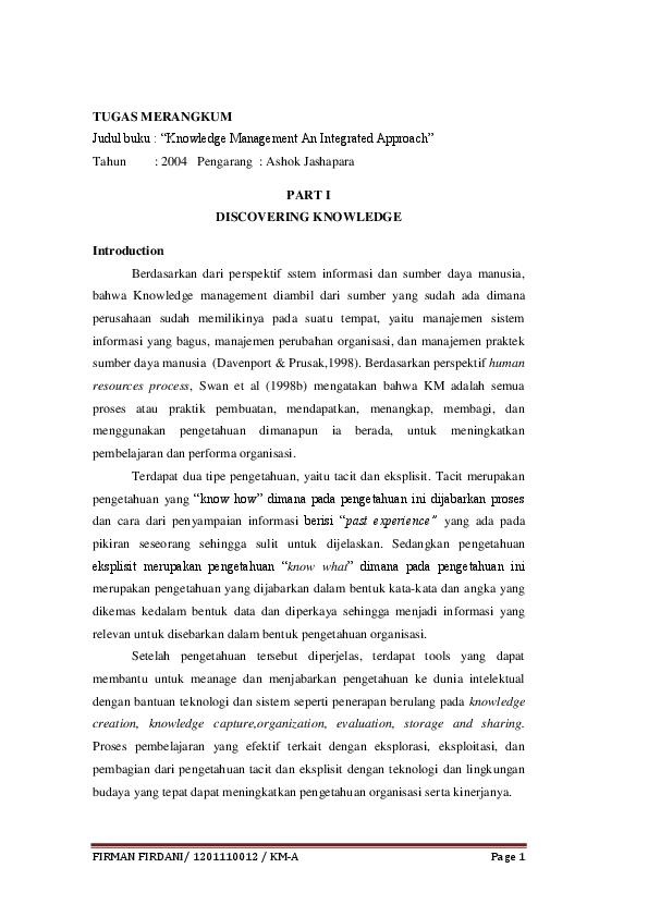 (DOC) Rangkuman Buku Knowledge Management An Integrated Approach - Ashok Jashapara (2004)