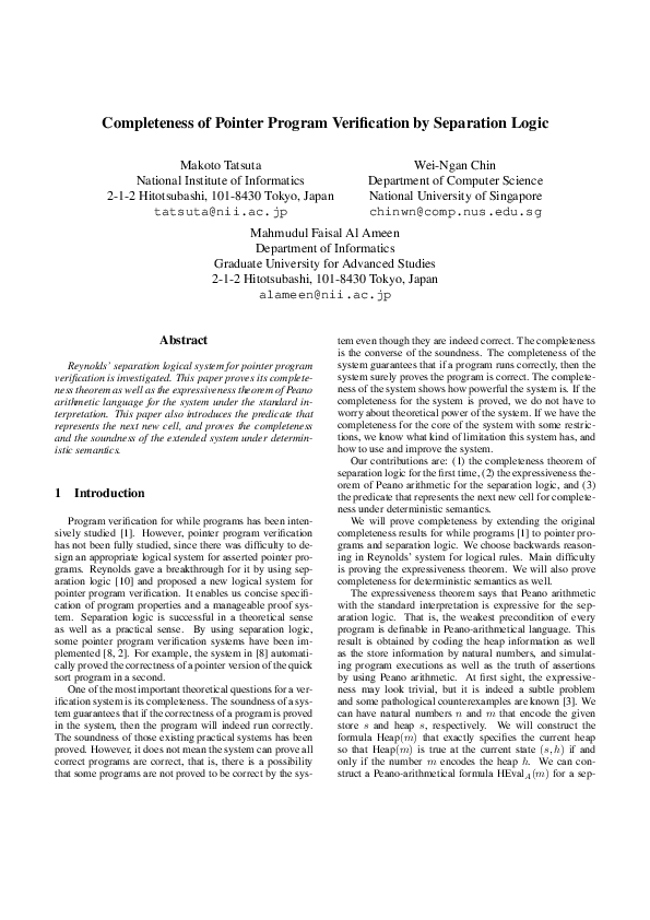 Pdf Completeness Of Pointer Program Verification By Separation Logic