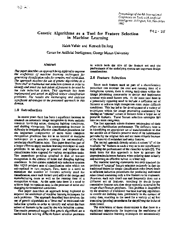 (PDF) Genetic Algorithms as a Tool for Feature Selection in Machine Learning