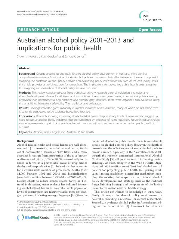 (PDF) Australian Alcohol Policy 2001-2013 and implications for public ...
