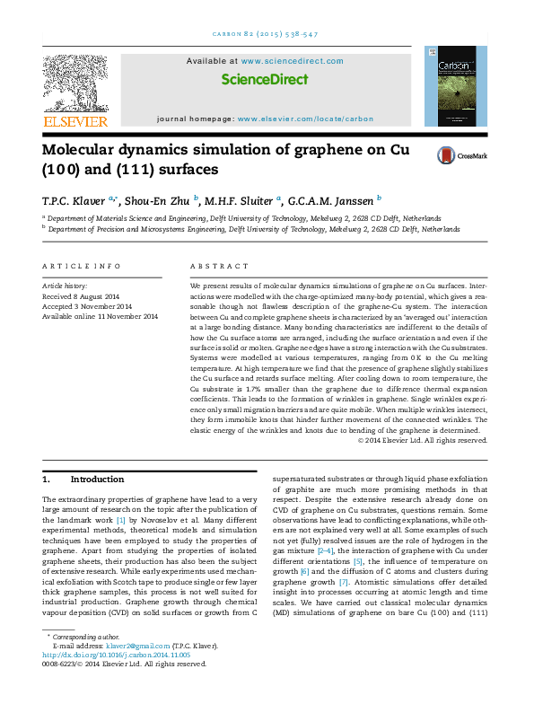 (PDF) Molecular dynamics simulation of graphene on Cu (100) and (111 ...
