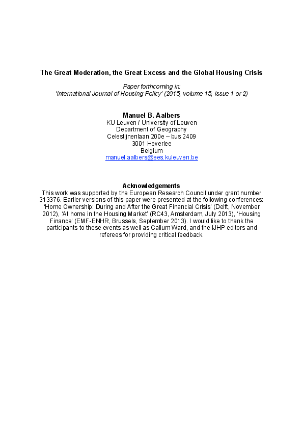 (PDF) The Great Moderation, the Great Excess and the Global Housing Crisis