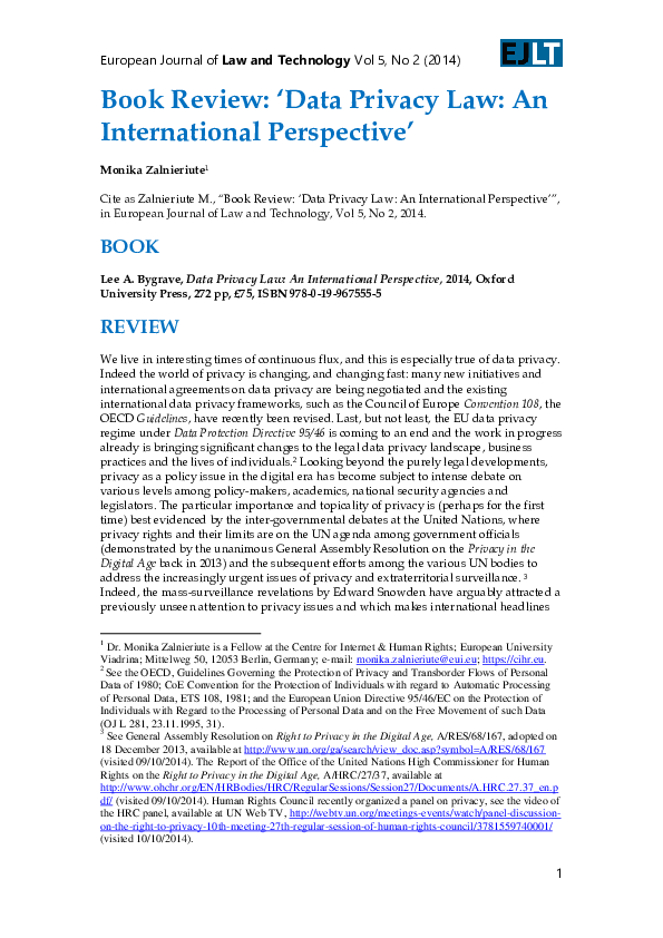 (PDF) 'Data Privacy Law: An International Perspective', European ...